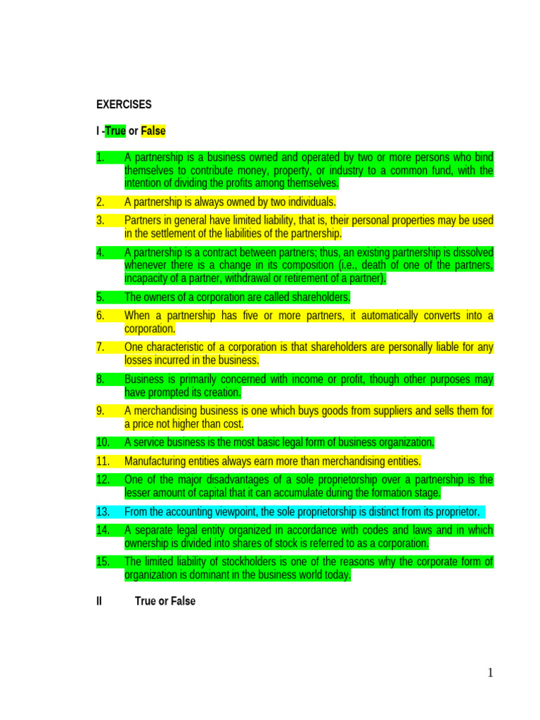 Chapter 1 Exercises - Overview of Accounting | PDF