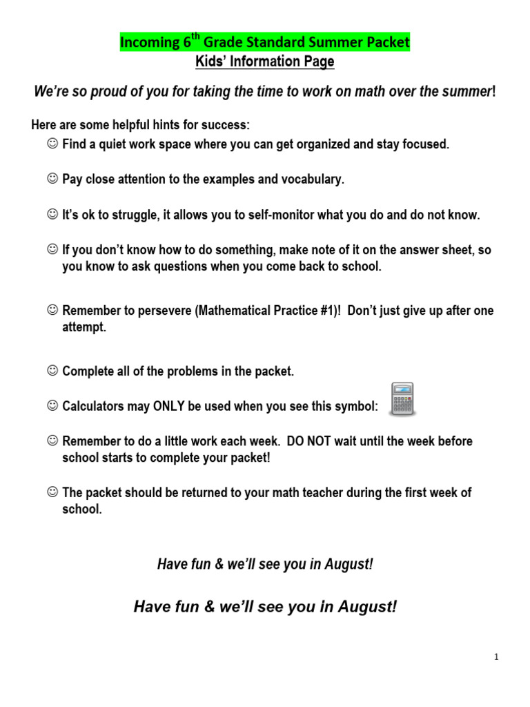 Incoming - 6th - Grade - Standard - Summer - Packet 2 | PDF