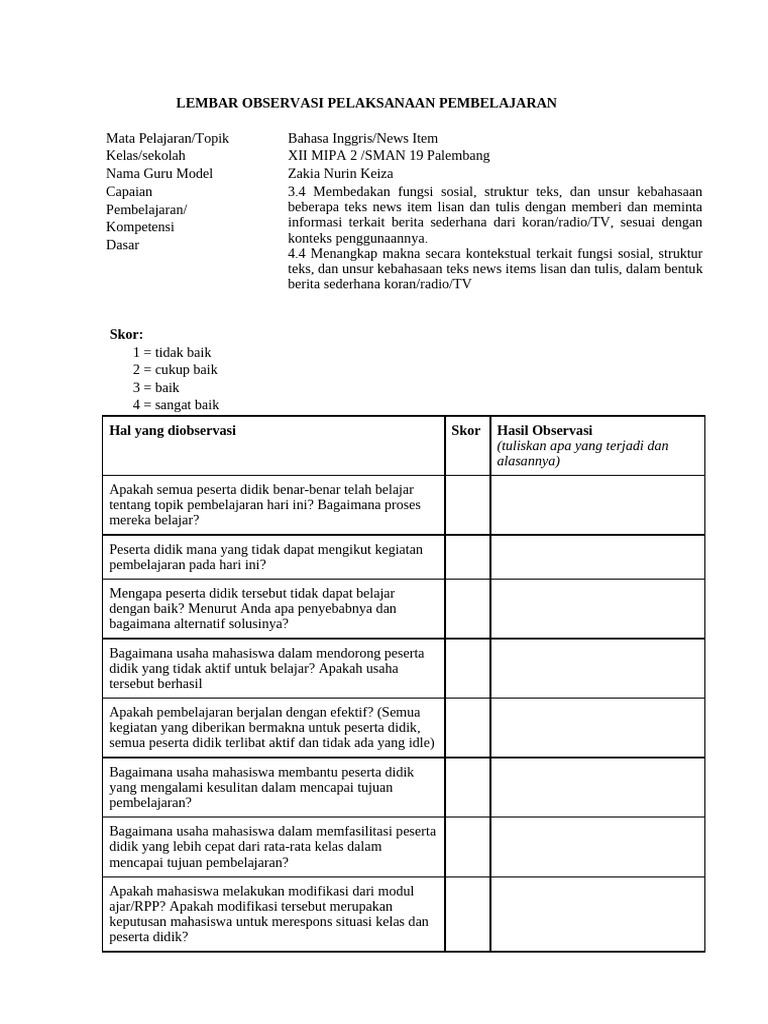 Lampiran 7 - Format Lembar Observasi Pelaksanaan Pembelajaran Untuk Supervisor - GP | PDF