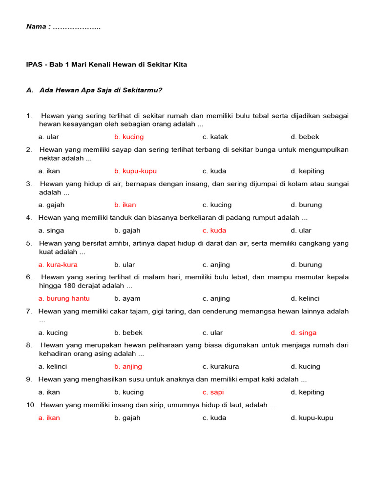 Soal Latihan IPAS - Bab 1 (Mari Kenali Hewan Di Sekitar Kita) | PDF