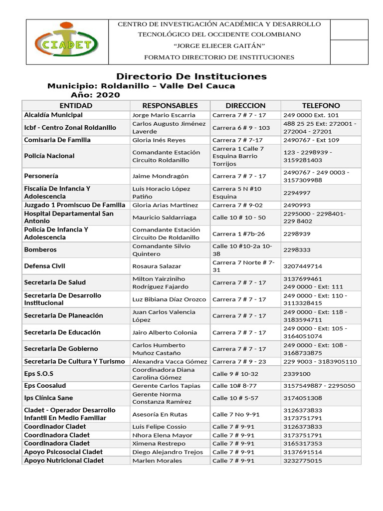 Directorio Institucional Roldanillo 2020 | PDF
