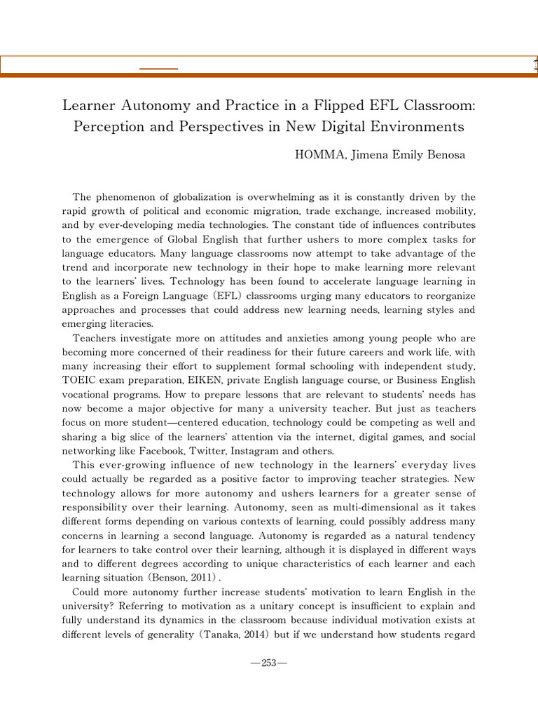 Learner Autonomy and Practice in A Flipped EFL Classroom: Perception and Perspectives in New ...