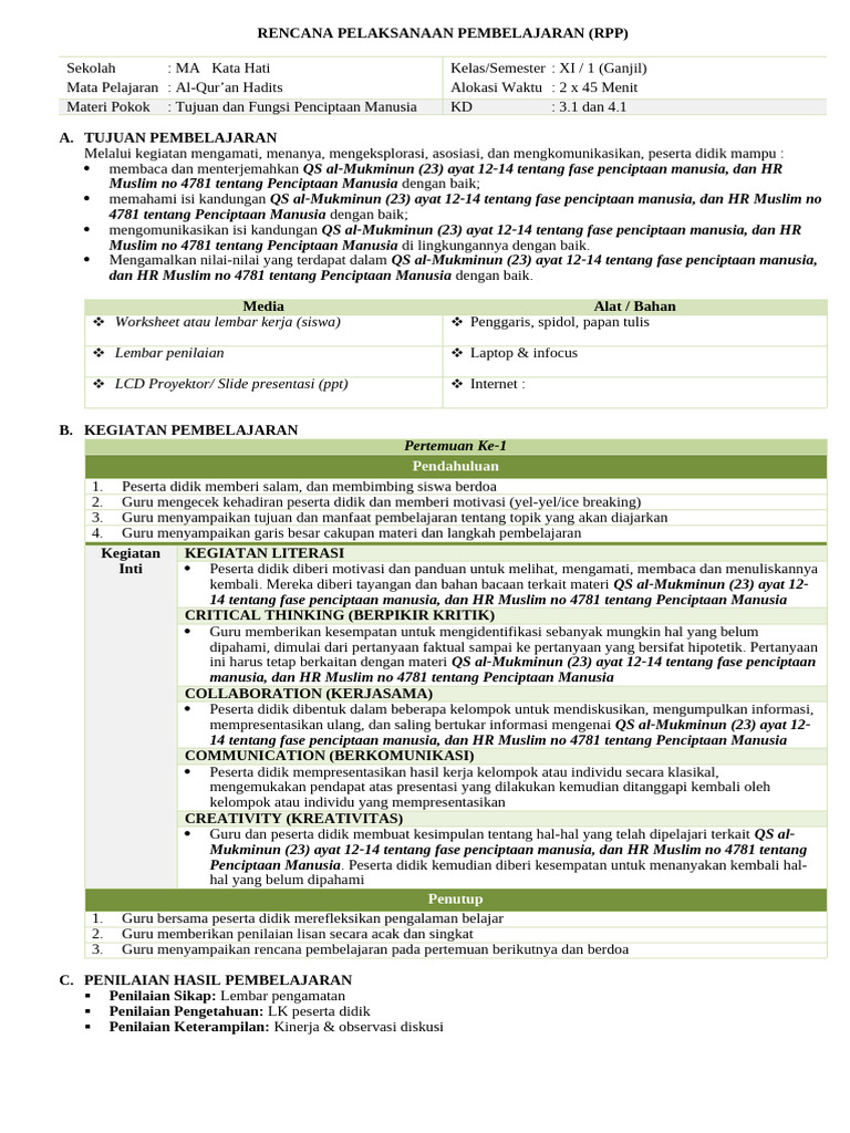 RPP I Qurdis Kelas 11 SEM 1 | PDF