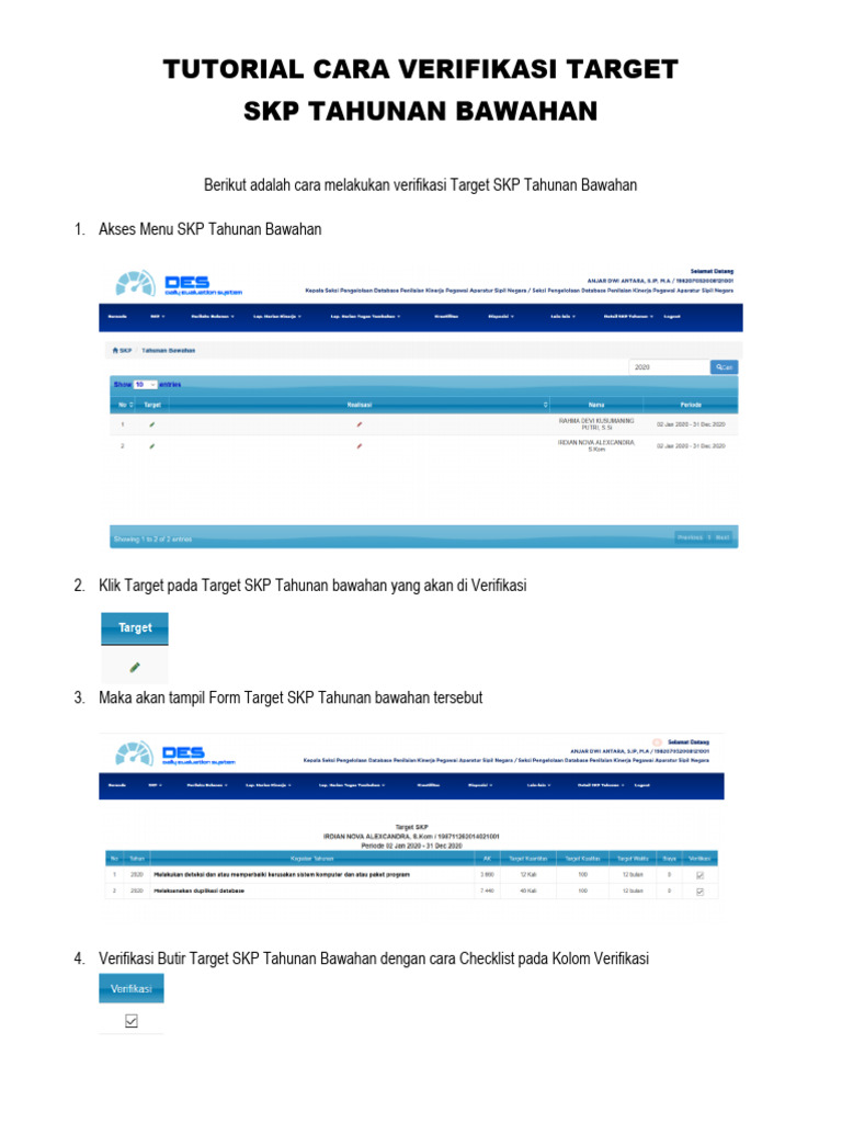 Tutorial Cara Verifikasi Target SKP Tahunan Bawahan | PDF