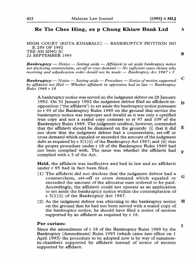 Re Tio Chee Hing, Ex P Chung Khiaw Bank LTD | PDF
