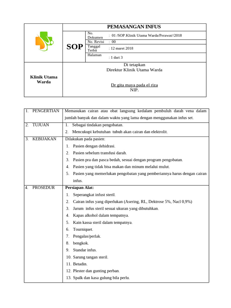 SOP_PEMASANGAN_INFUS cop klinik | PDF