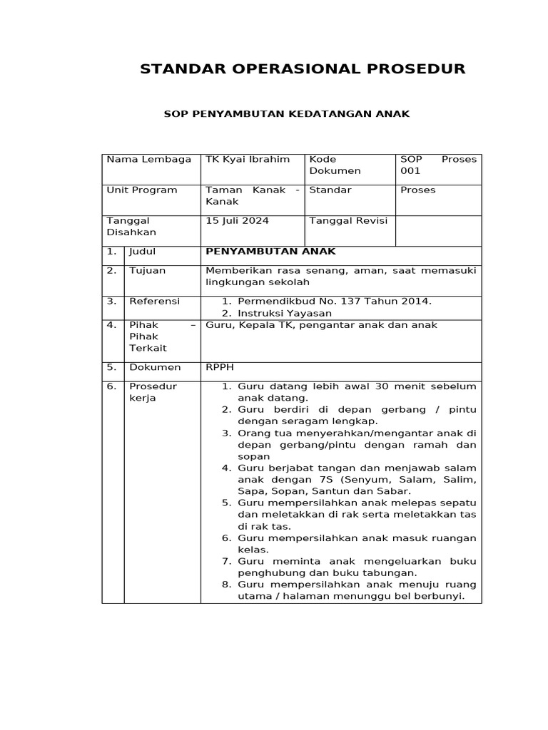 Standar Operasional Prosedur: Sop Penyambutan Kedatangan Anak | PDF