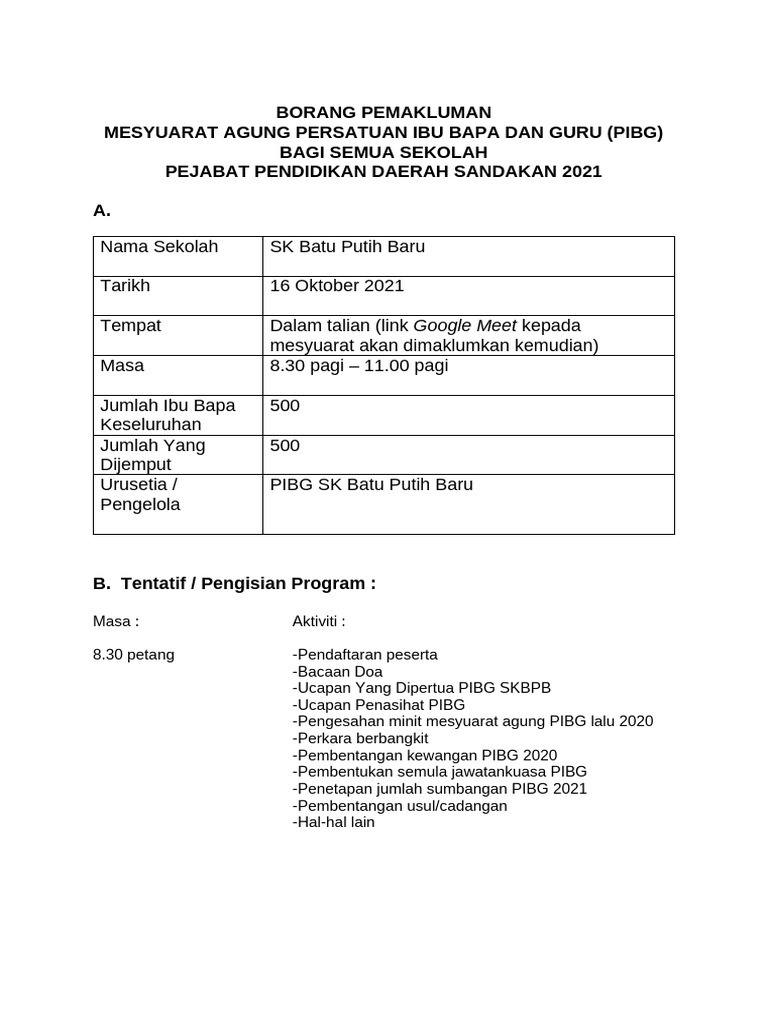 Borang Pemakluman Mat Pibg 2021 | PDF