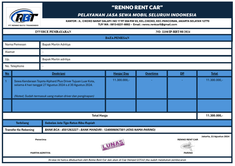 Invoice Sewa Mobil Plus Driver - Bapak Martin Adritiya | PDF