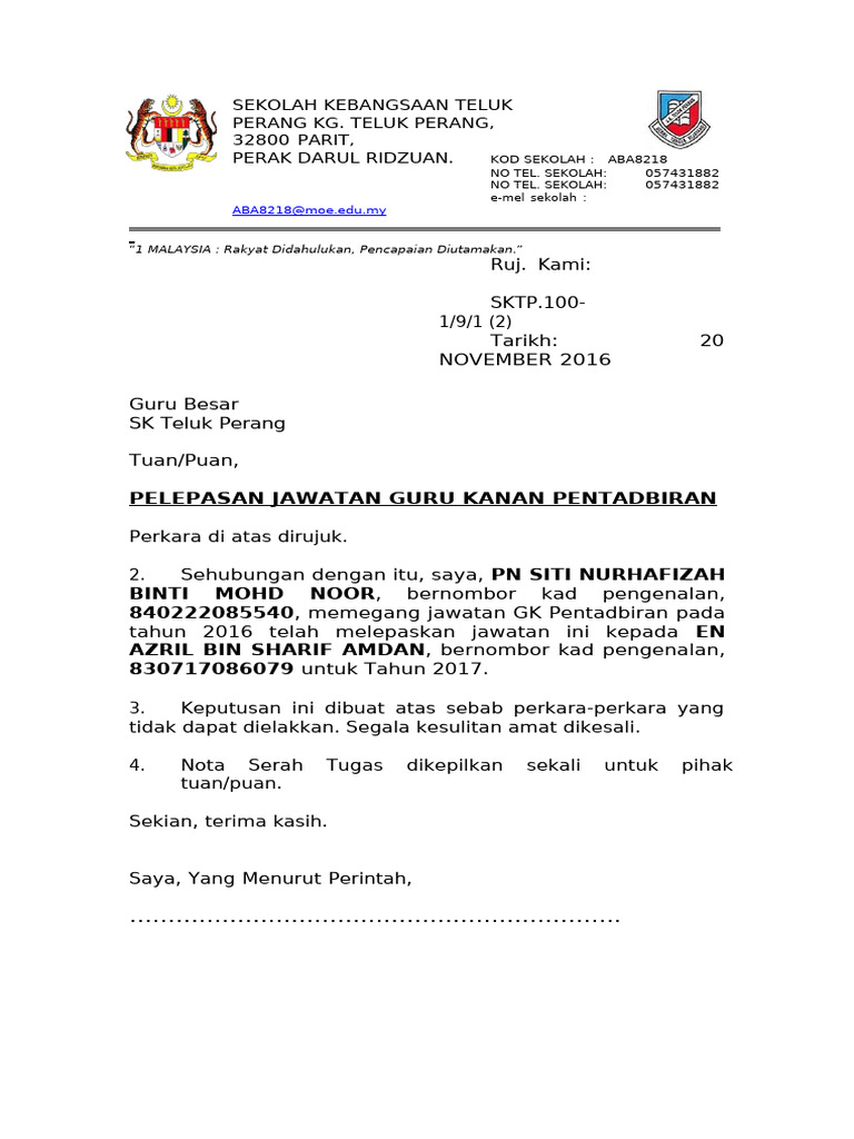 Surat Perletakan Jawatan Guru Kanan | PDF