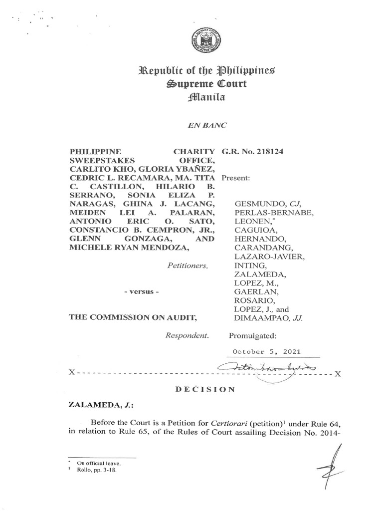 GR218124 - PCSO Vs COA - SC Decision DTD 10-5-21 | PDF