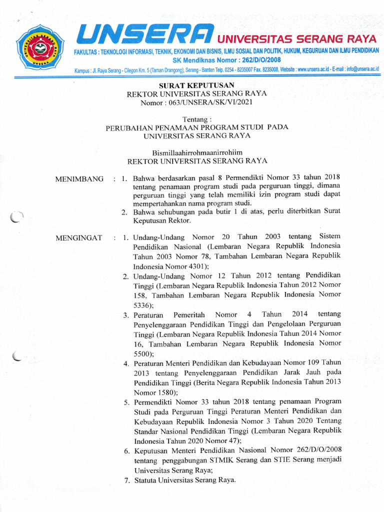 SK No. 063, Tahun 2021 Tentang Perubahan Nama Program Studi Di Universitas Serang Raya, Stampel ...