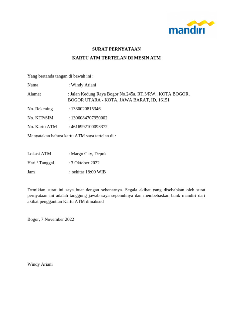 Surat Pernyataan Kartu Atm Tertelan | PDF