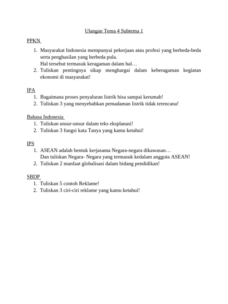 Ulangan Tema 4 ST 1 | PDF