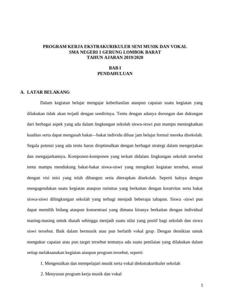 Program Kerja Ekstrakurikuler Seni Musik Dan Vokal | PDF