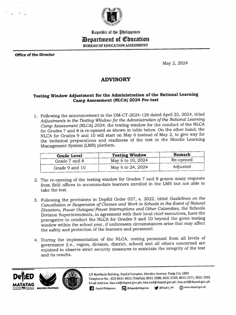 BEA Advisory - NLCA Testing Window Adjustments | PDF