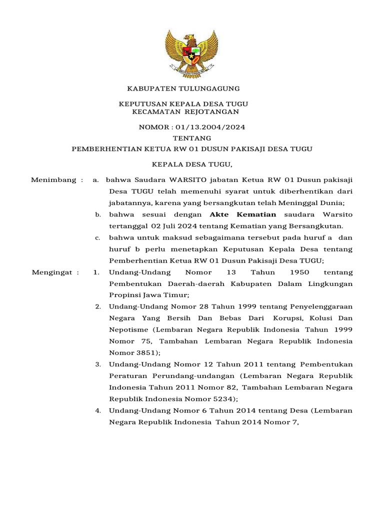 SK Pemberhentian RW Warsito, Alm | PDF