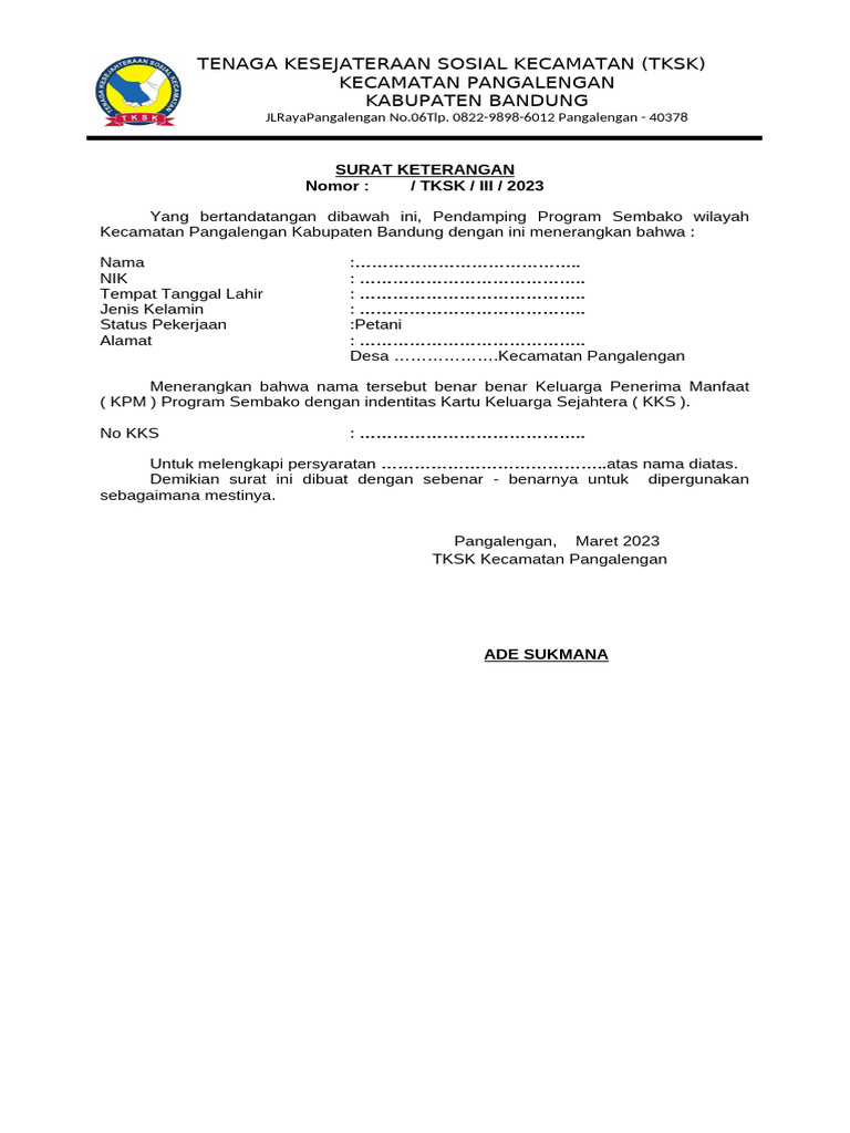 Surat Pengantar Bni BPNT & PKH | PDF