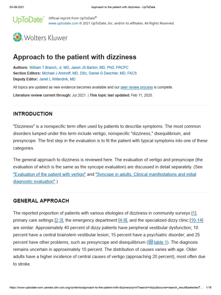 Approach To The Patient With Dizziness - UpToDate | PDF