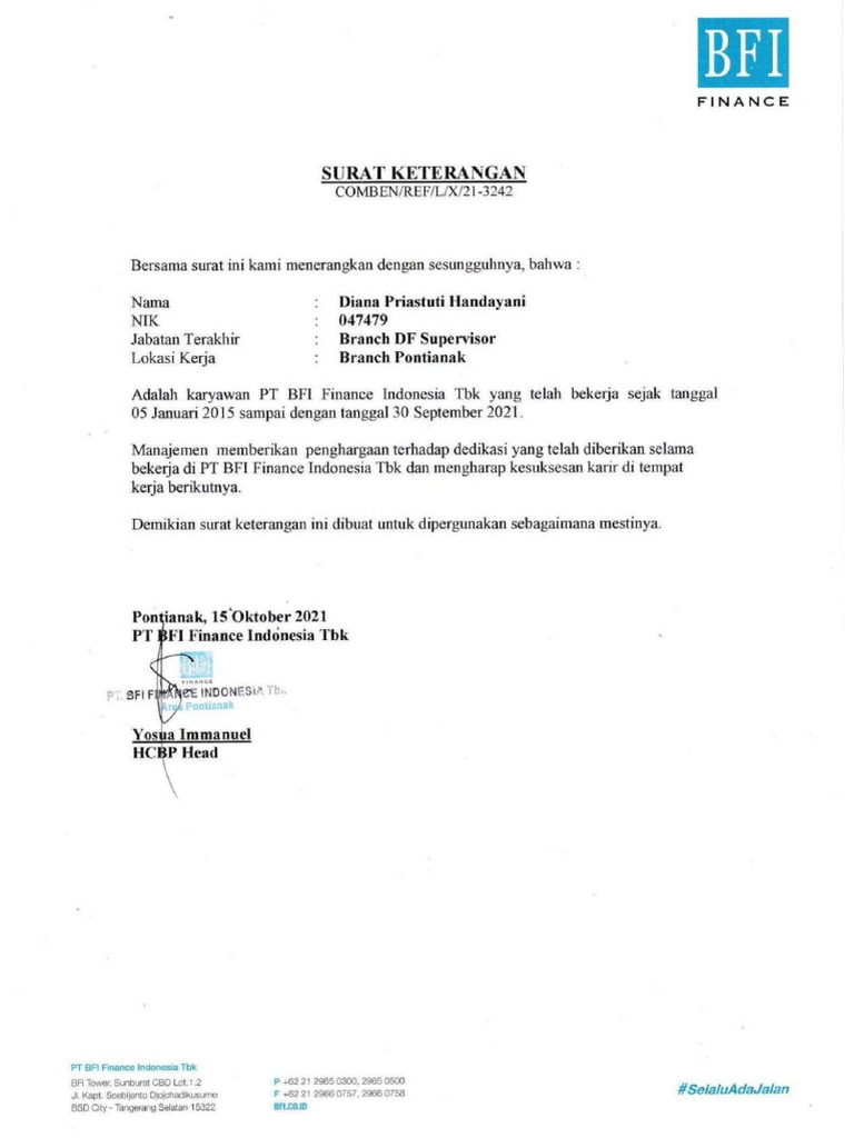 Surat Pengalaman Kerja Bfi | PDF