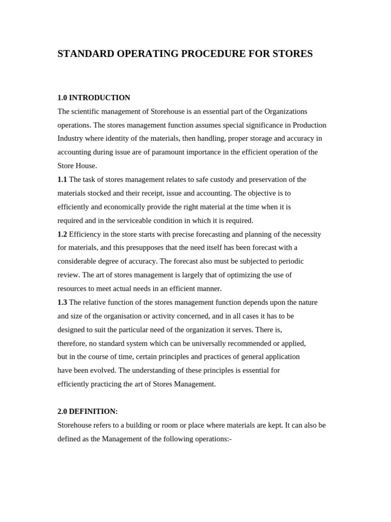 Standard Operating Procedure For Stores | PDF
