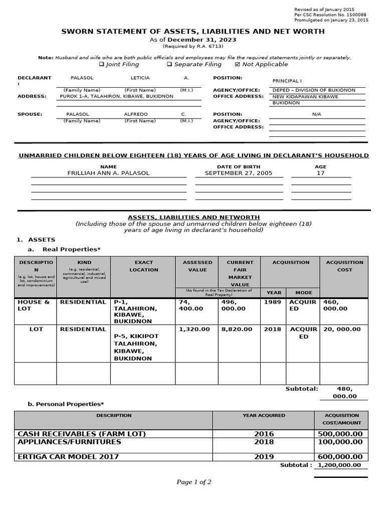 2015 SALN Form-2023-PALASOL | PDF