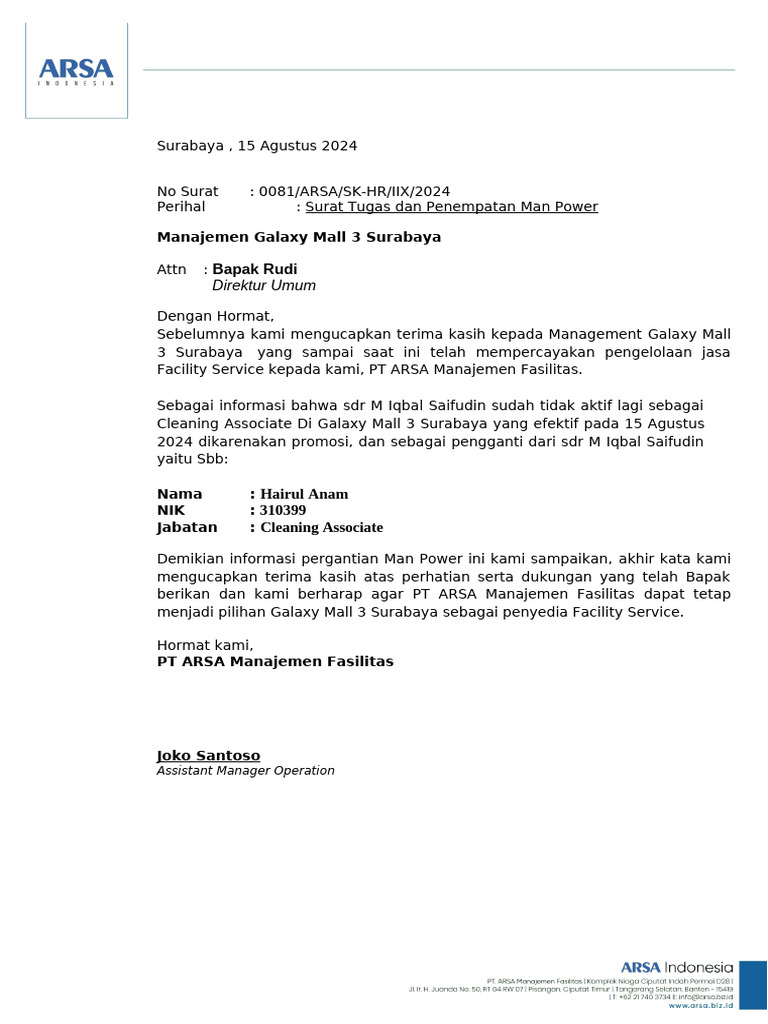 SK.3999 - Surat Tugas Dan Penempatan Hairul Anam GM3 | PDF