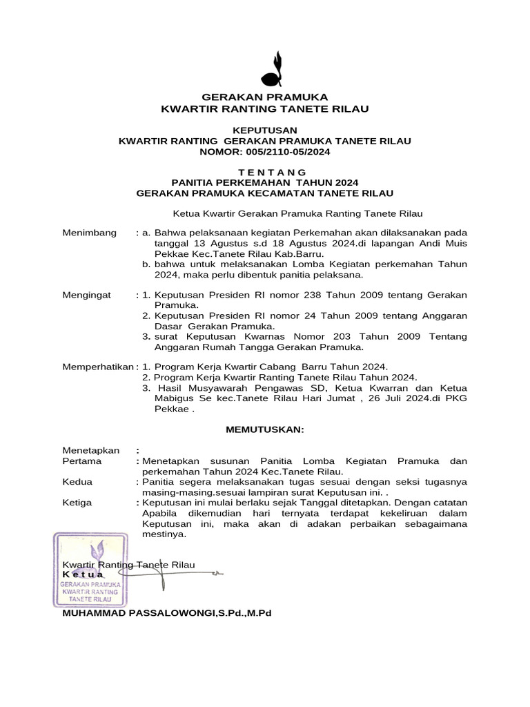 Lampiran Surat Keputusan Kwartir Ranting Tanete Rilau | PDF