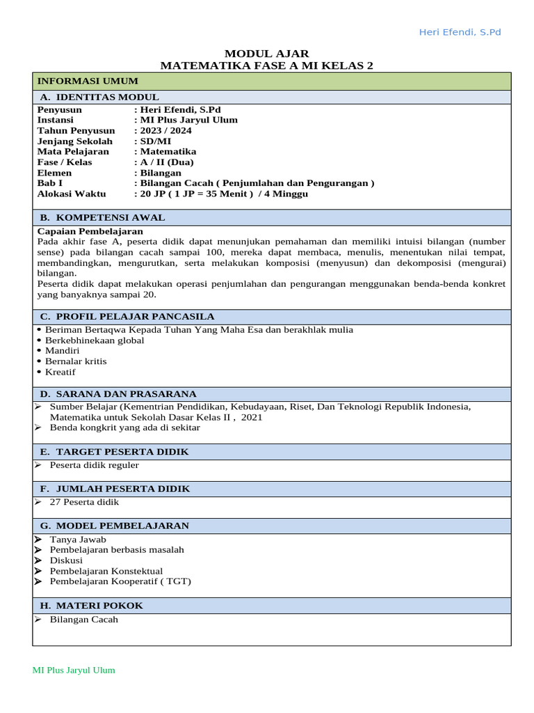 MODUL AJAR MTK Bab 1 TP 3 | PDF