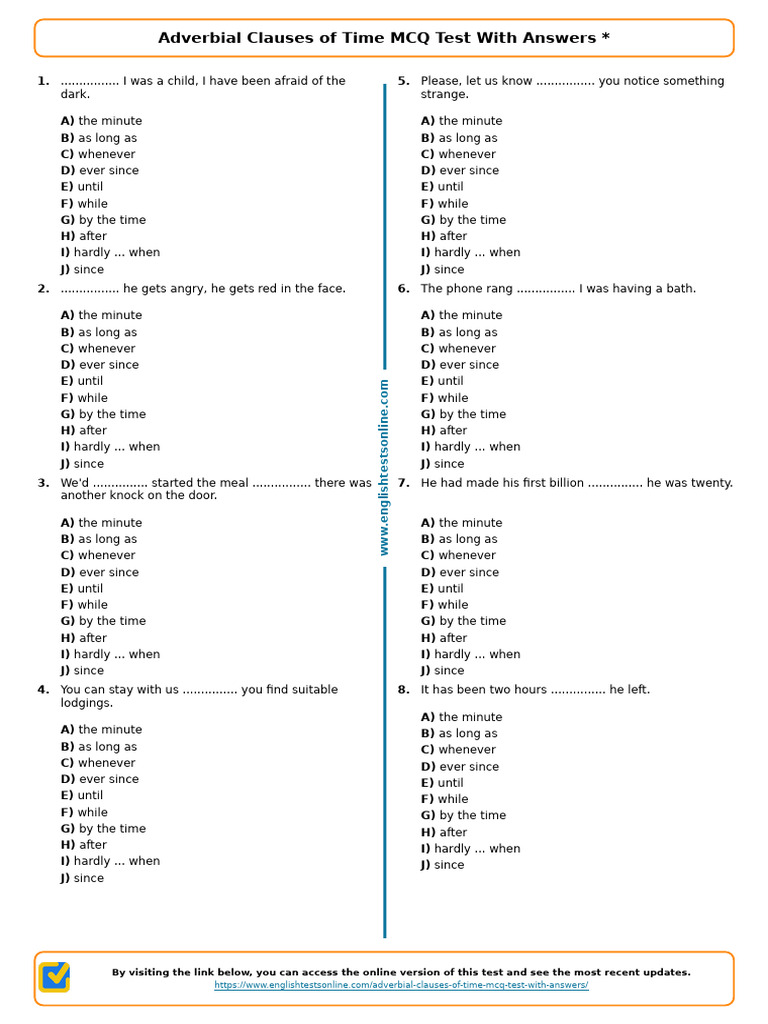 552 - Adverbial Clauses of Time MCQ Test With Answers | PDF