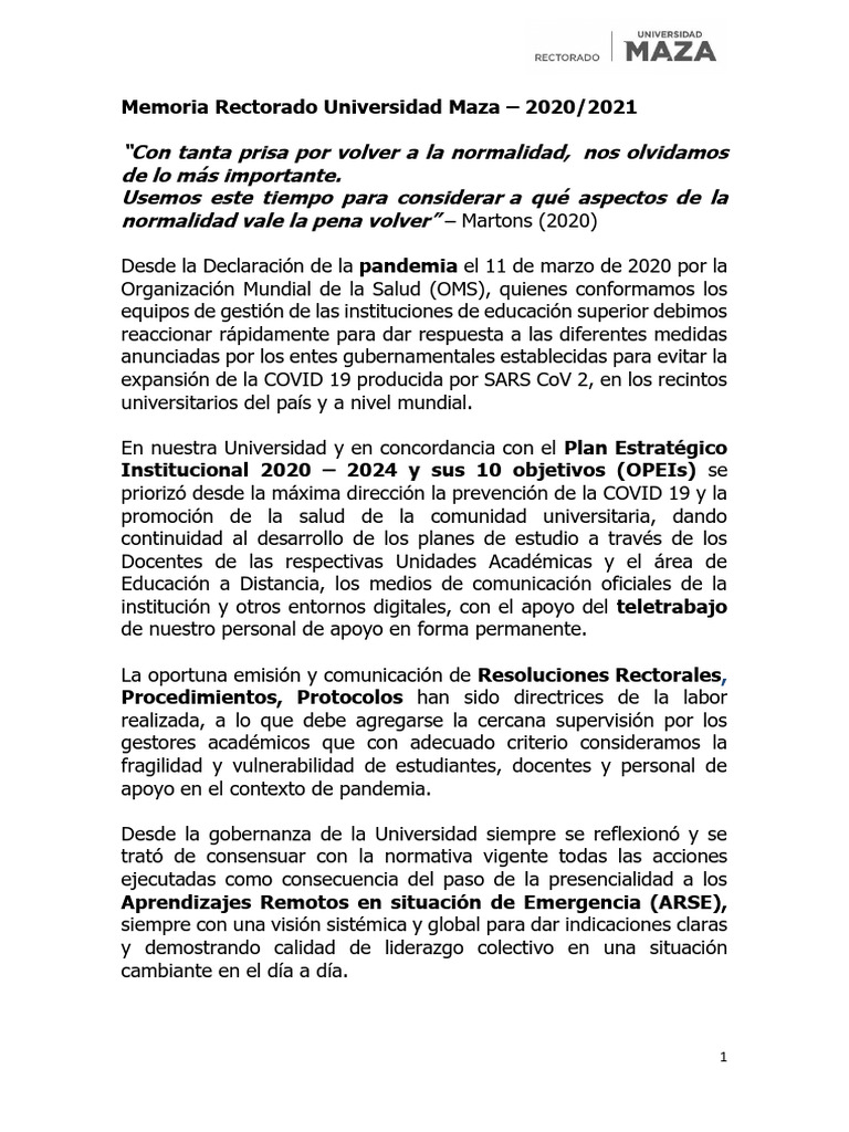 Memoria Rectorado Universidad Maza 2020-2021 | PDF | Videotelefonía | Enseñando
