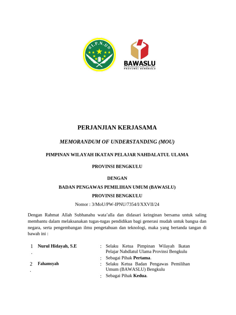 Perjanjian Kerjasama Bawaslu Bengkulu | PDF