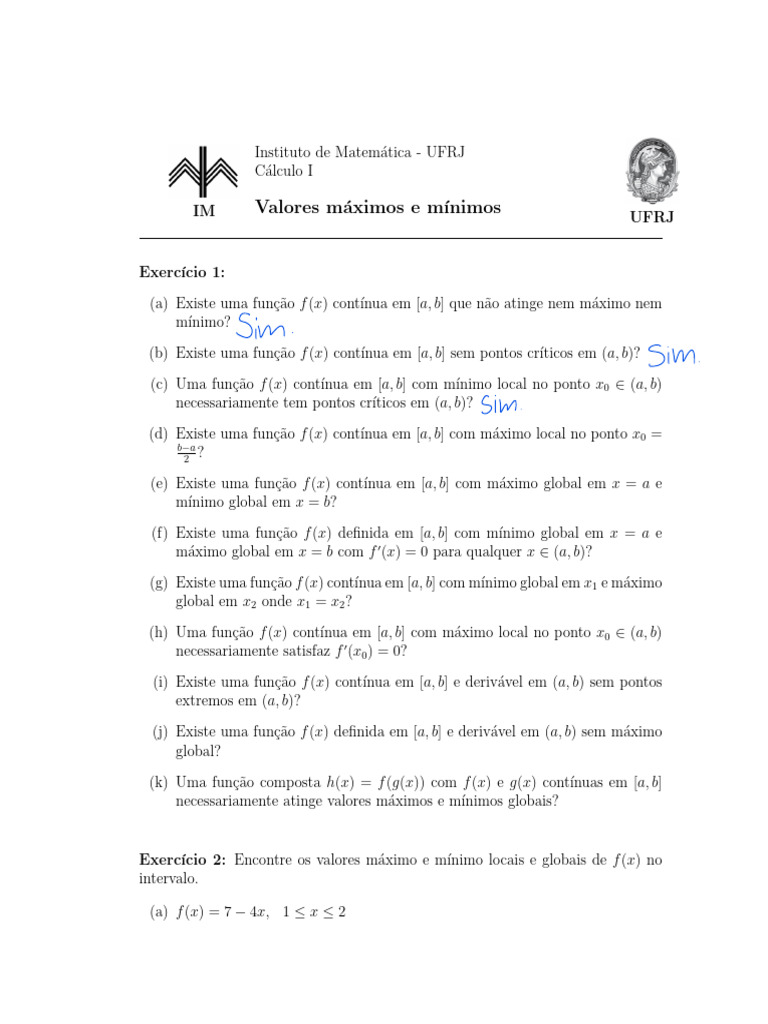 Lista 9 - Máximos e Mínimos (Gabarito) | PDF