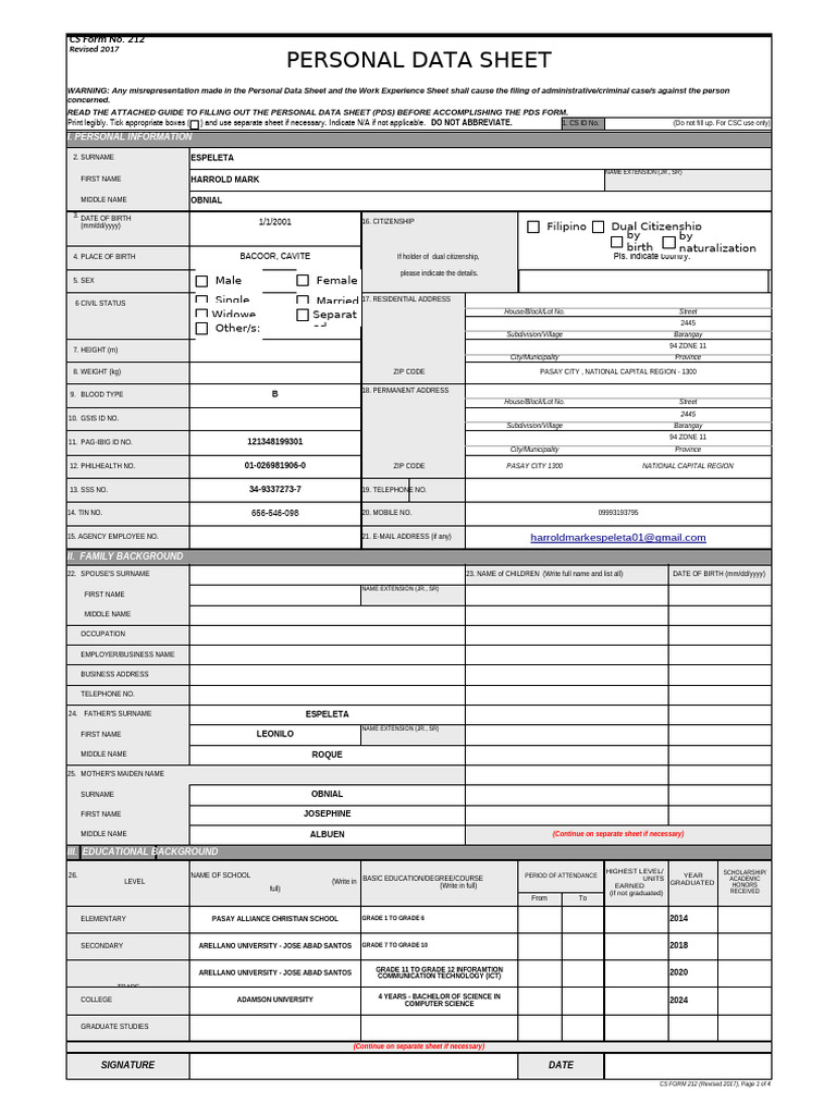 CS Form No. 212 Personal Data Sheet Revised | PDF