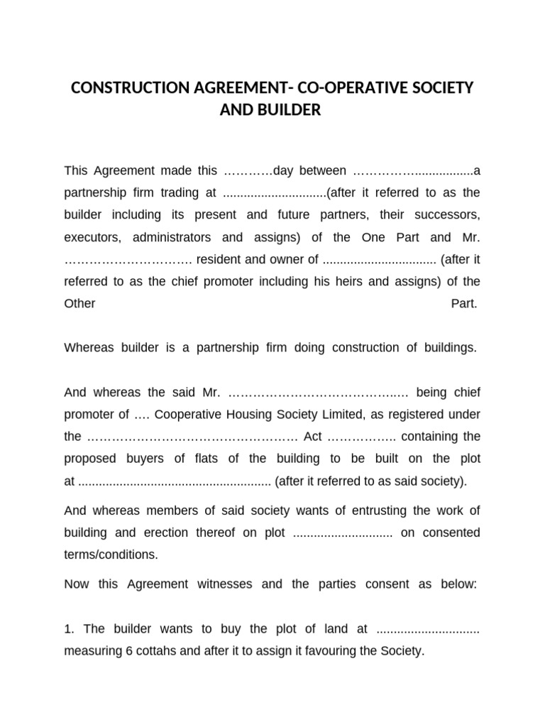 Construction Agreement - Co-Operative Society and Builder | PDF