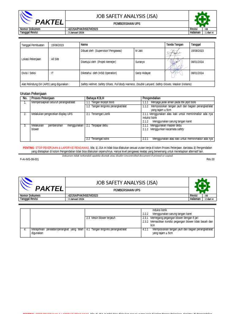 PKT-JSA-HSE-MT-02 Pembersihan UPS | PDF