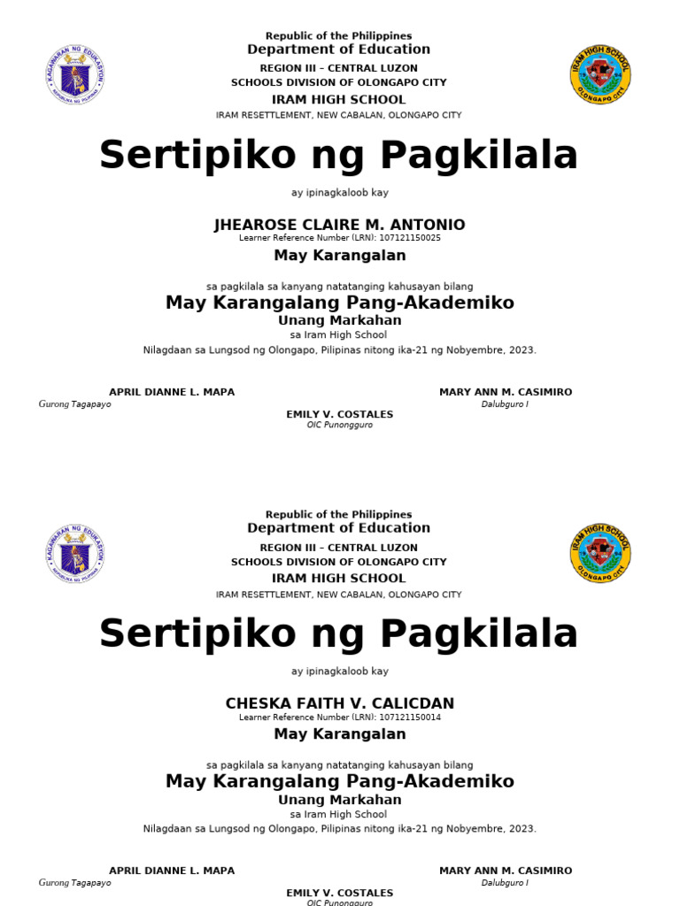 Sertipiko NG Pagkilala Ver. 2 | PDF