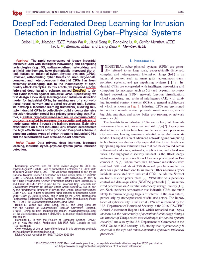 DeepFed Federated Deep Learning For Intrusion Detection in Industrial CyberPhysical Systems-54 | PDF