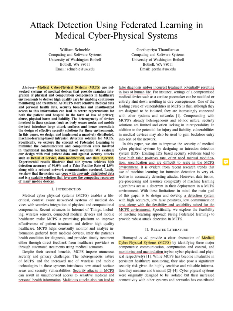 Attack Detection Using Federated Learning in Medical Cyber-Physical Sys-23 | PDF