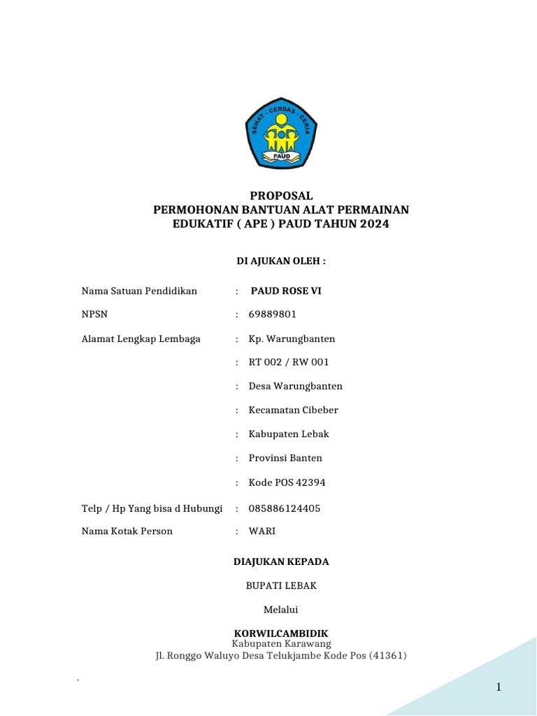 Proposal Permohonan (Ape) Paud Rose Vi Tahun 2024 | PDF