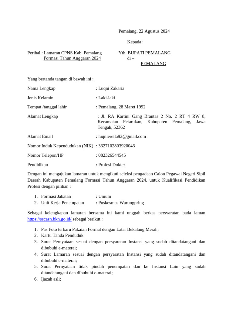 Surat Lamaran Luqni Zakaria | PDF