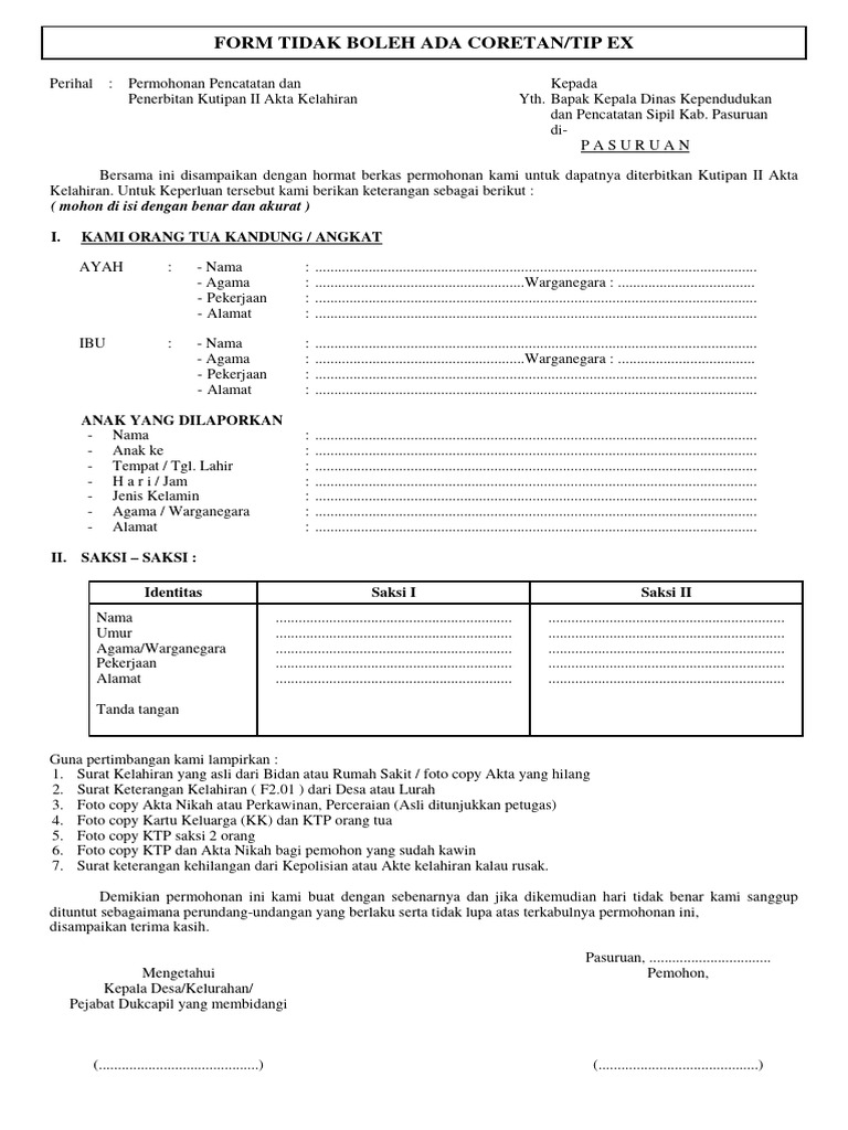 Form Permohonan Pencatatan Dan Penerbitan Kutipan Ii Akta Kelahiran F2.01 | PDF