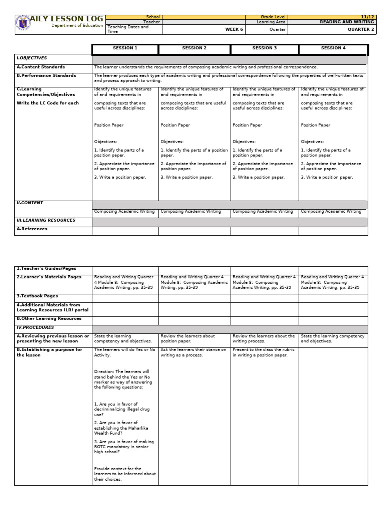 Daily Lesson Log: Department of Education | PDF