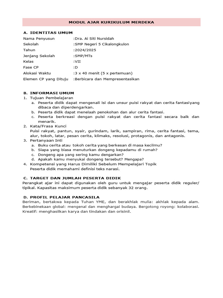 Modul Ajar Puisi Rakyat | PDF