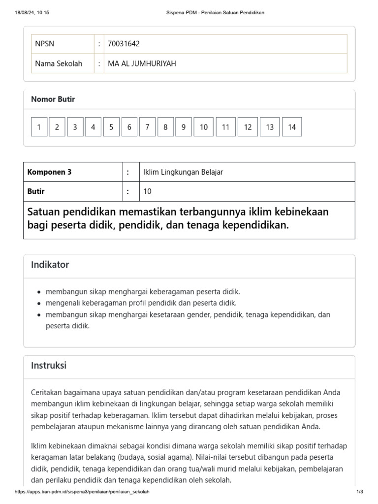 KOMPONEN 3 BUTIR 10 Satuan Pendidikan Memastikan Terbangunnya Iklim Kebinekaan Bagi Peserta ...