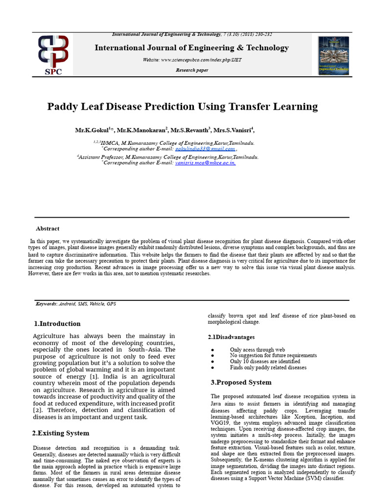 Paddy Leaf Disease Prediction Using Transfer Learning Pdf Unit