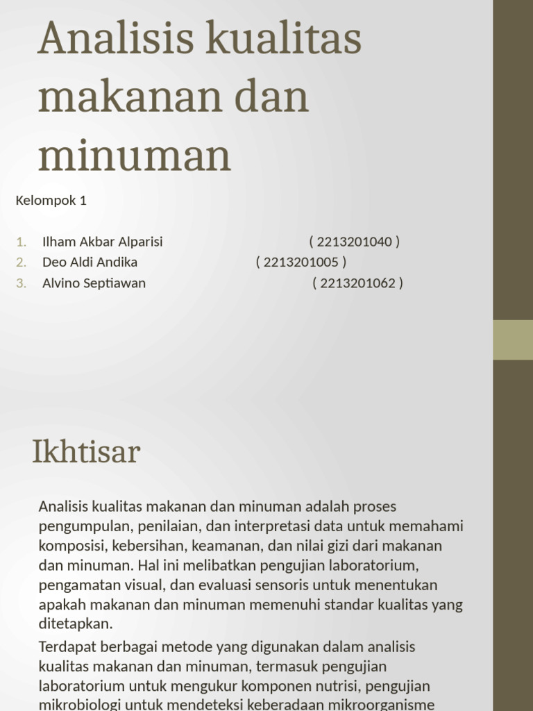 Analisis Kualitas Makanan Dan Minuman PPT Kelompok 1 | PDF