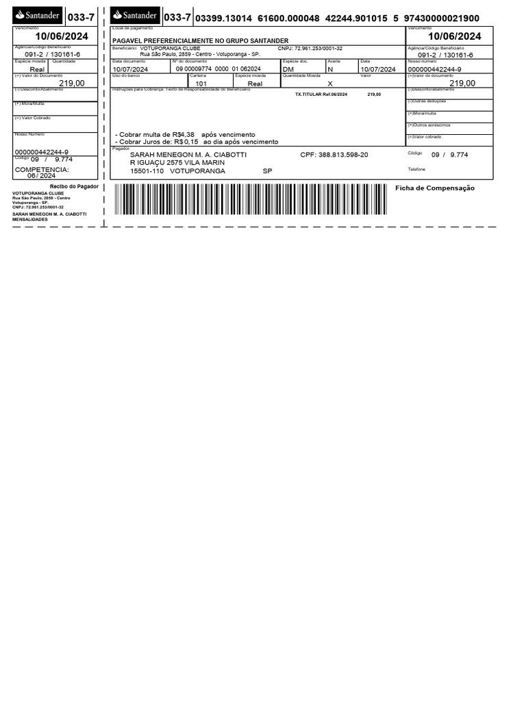 Boleto Junho Sarah | PDF