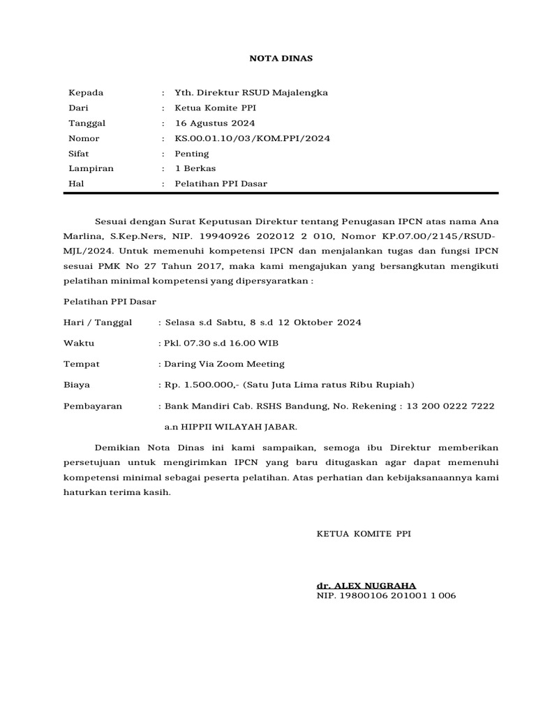 NOTA DINAS - Pelatihan PPI Dasar | PDF