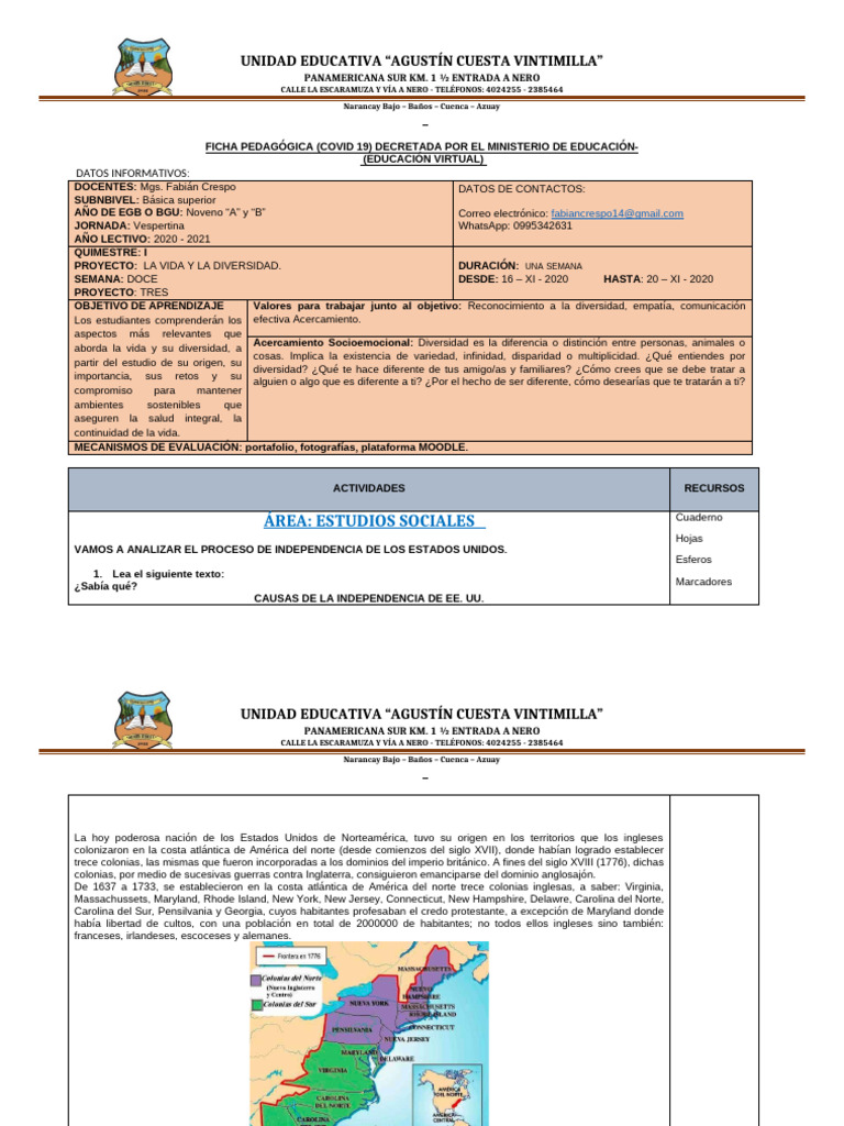FICHA PEDAGÓGICA DE FABIÁN CRESPO - NOVENO Estudos Sociales | PDF